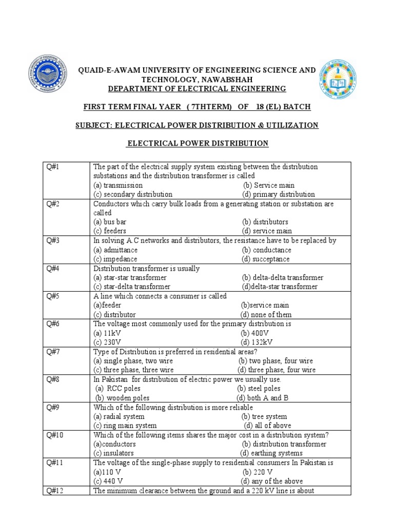 Test No#1 Electrical Pd-1 | PDF | Electric Power Distribution | Transformer