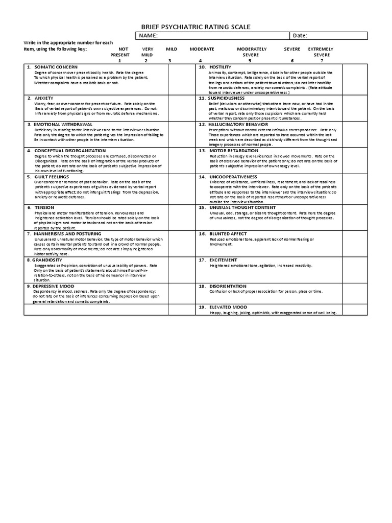 BRIEF PSYCHIATRIC RATING SCALE Word | PDF | Anxiety | Thought