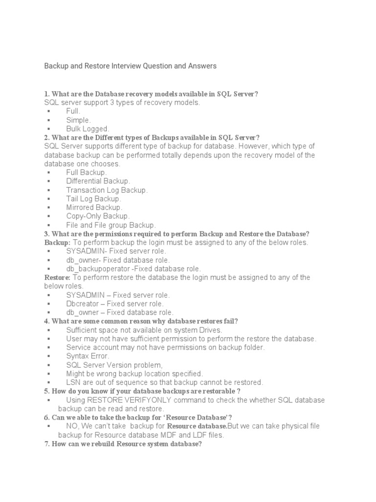 Backup And Restore Interview Question And Answers Pdf Backup Databases