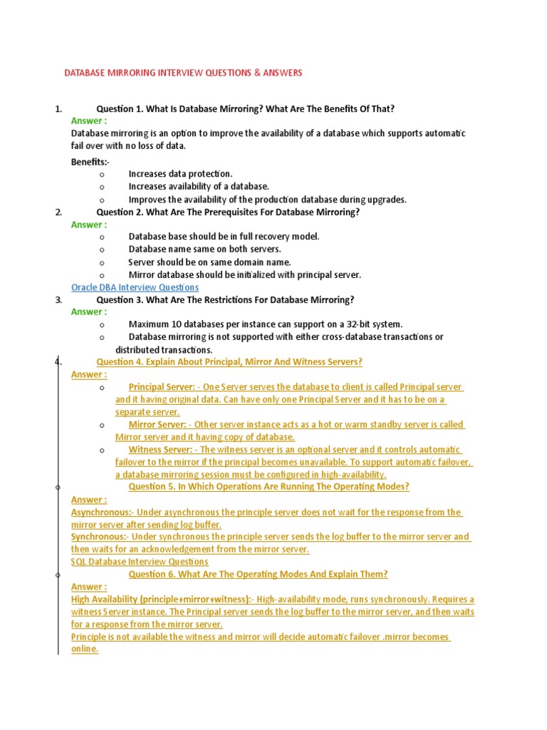Database Mirroring Interview Questions | PDF | Databases | Port ...