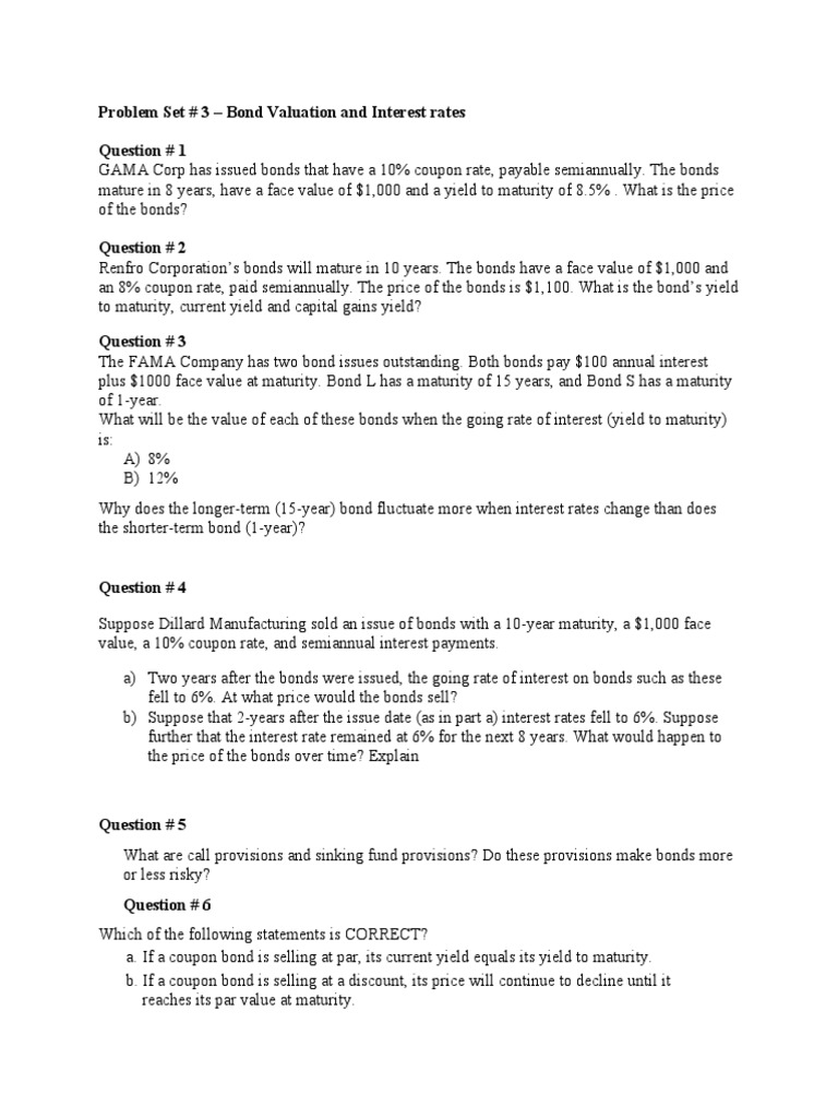 Problem Set # 3 - Bond Valuation and Interest Rates Question # 1 | PDF ...
