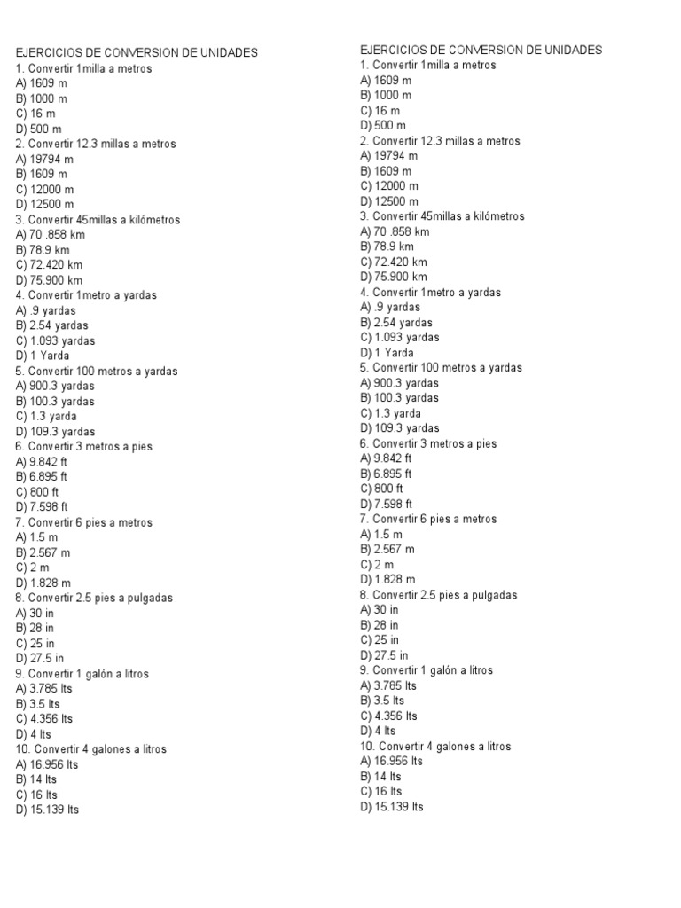 Ejercicios de Conversion de Unidades | PDF | Unidades de medida