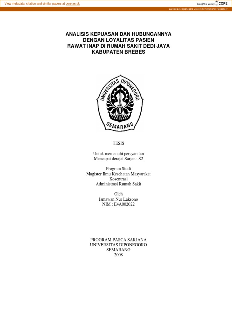 Analisis Kepuasan Dan Hubungannya Dengan Loyalitas Pasien Rawat Inap Di Rumah Sakit Dedi Jaya ...