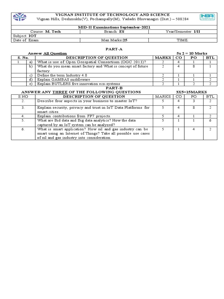 IOT MID - II Question Paper | PDF | Internet Of Things | Computing
