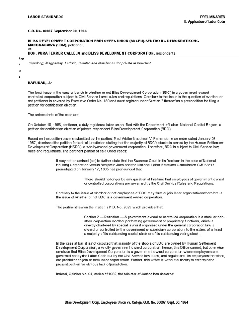Bliss Development Corp. Employees Union vs. Calleja, G.R. No. 80887 ...
