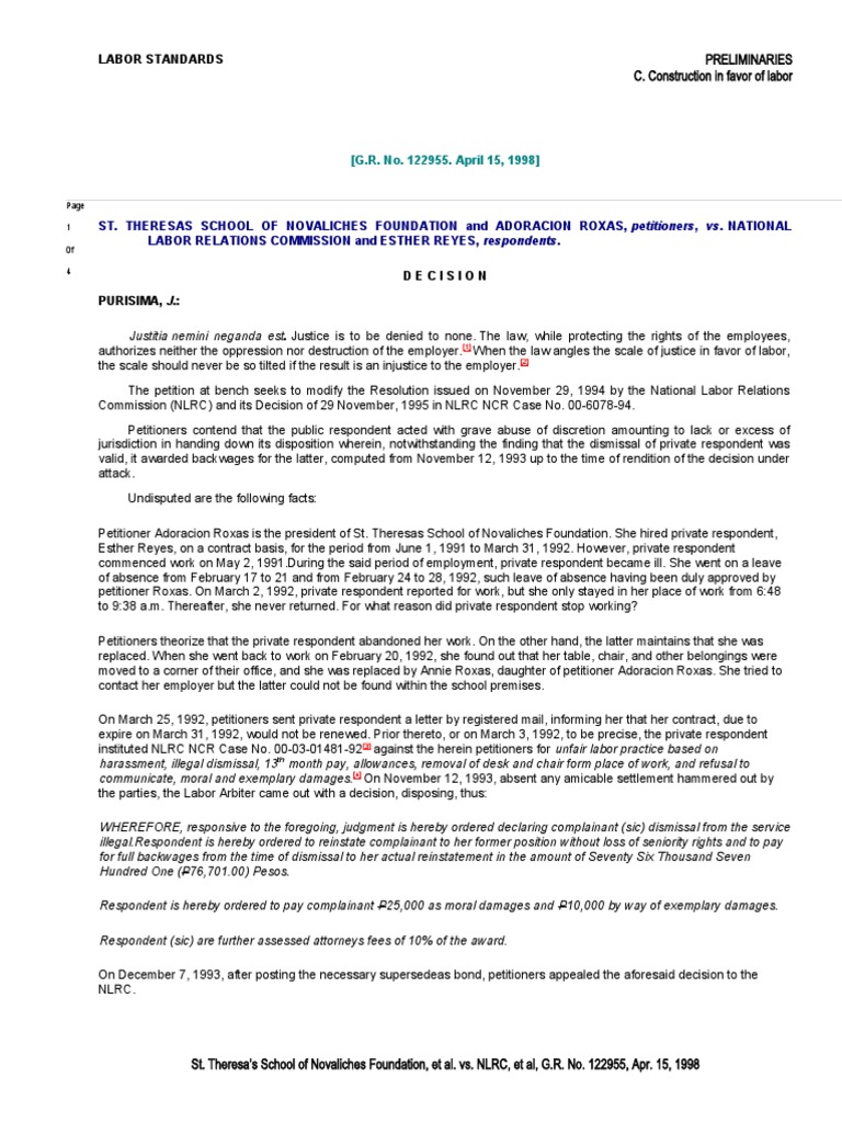 St. Theresa's School of Novaliches Foundation, Et Al. vs. NLRC, Et Al, G.R. No. 122955, Apr. 15 ...