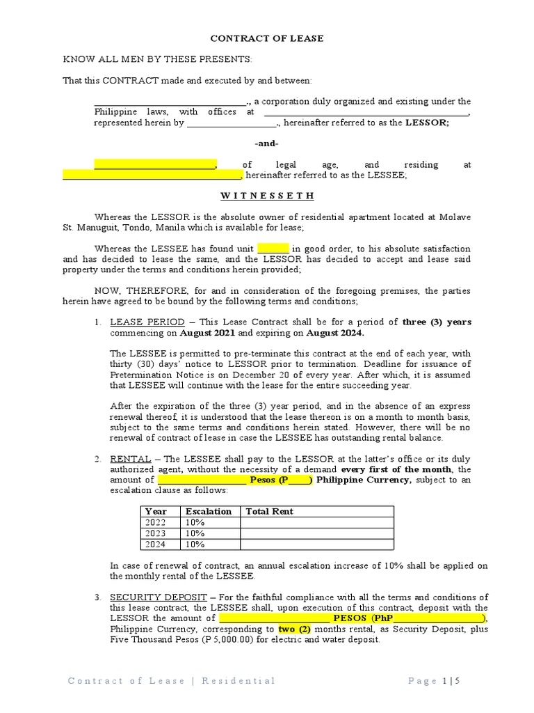 Residential Lease Agreement Between ABC Corporation and John Doe for a ...