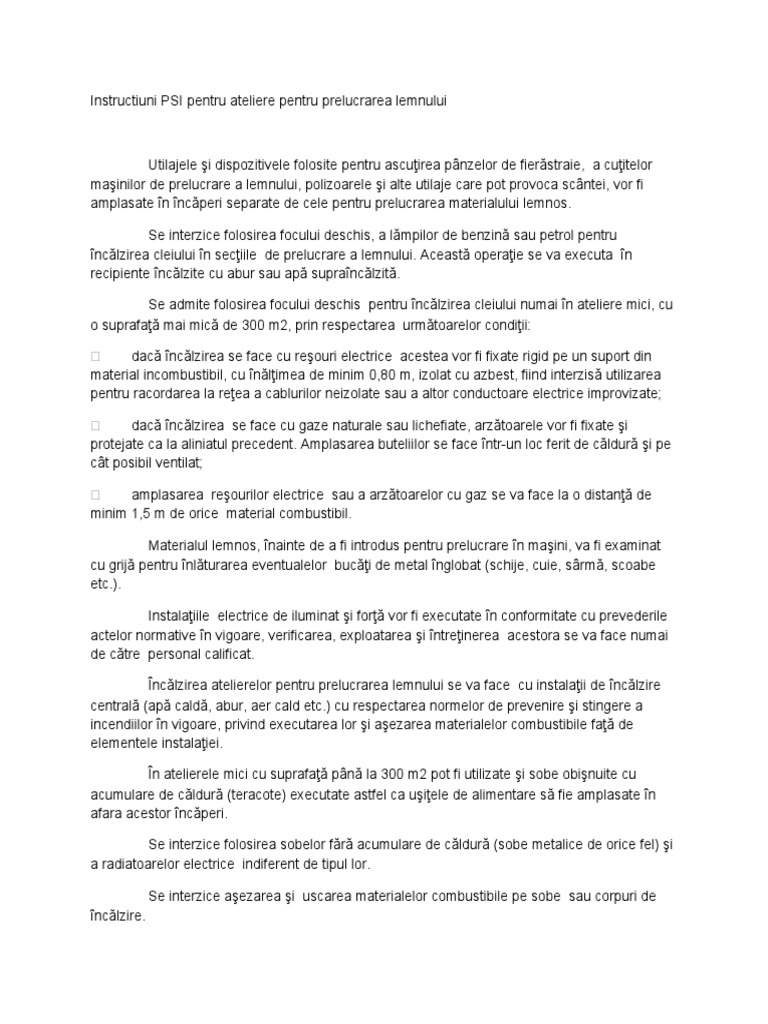 Instructiuni PSI Pentru Ateliere Pentru Prelucrarea Lemnului | PDF