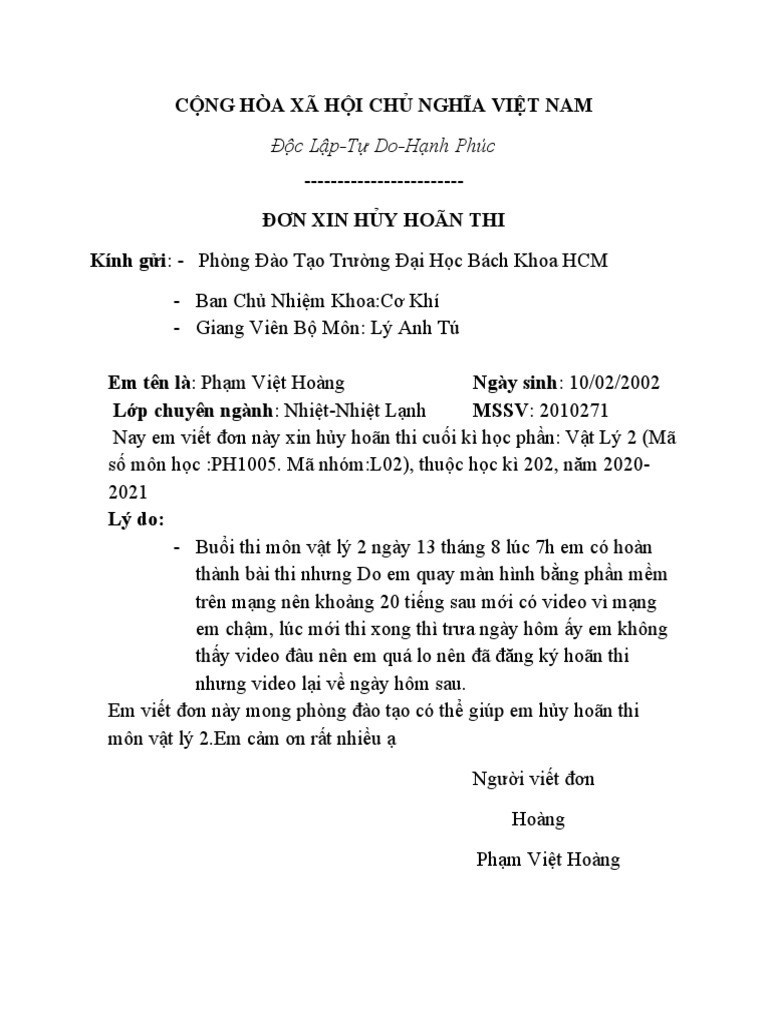 Đơn Xin H y Hoãn Thi | PDF