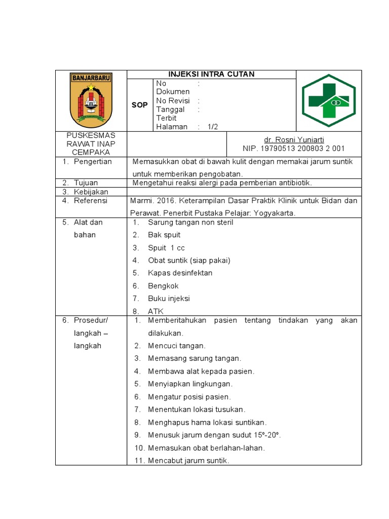 SOP INJEKSI INTRA CUTAN Revisi 1 | PDF
