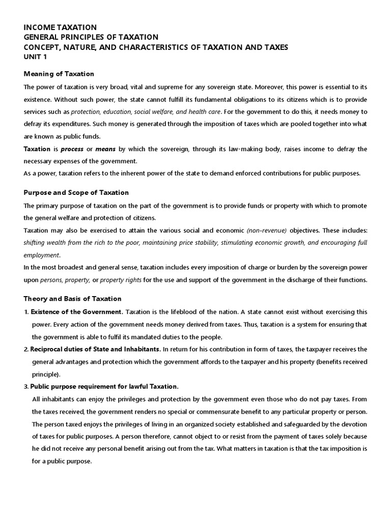 Unit 1 - General Principles of Taxation | PDF | Taxes | Taxpayer
