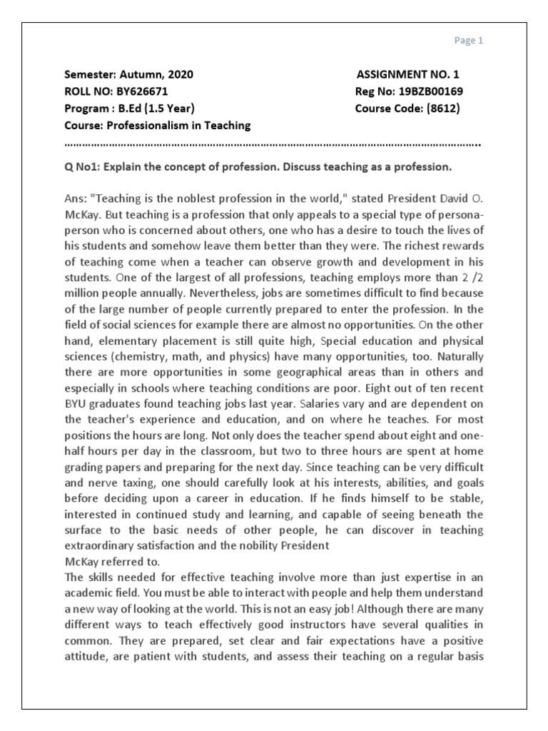 Q No1: Explain The Concept of Profession. Discuss Teaching As A ...