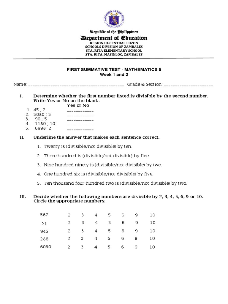 Department of Education: First Summative Test - Mathematics 5 Week 1 ...