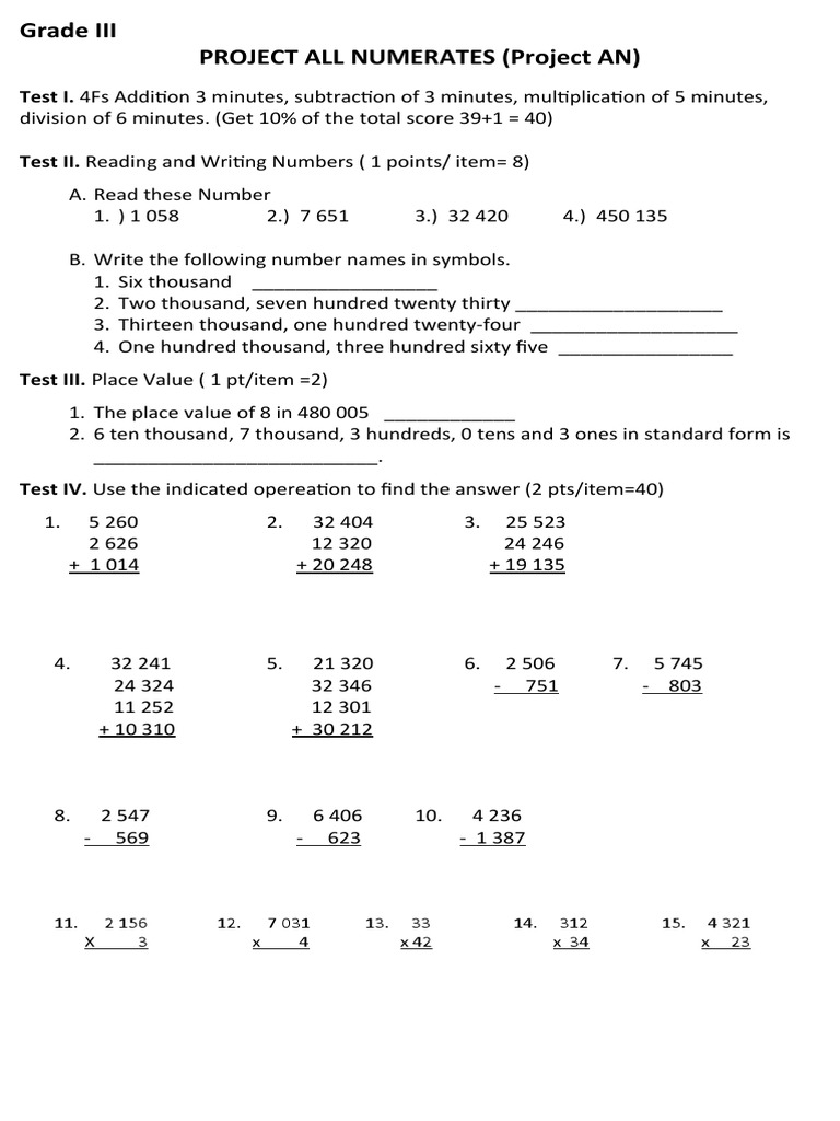 Grade III Project All Numerates (Project An) | PDF