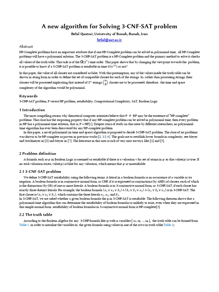 A New Algorithm For Solving 3-CNF-SAT Problem: Keywords | PDF | Time Complexity | Teaching ...