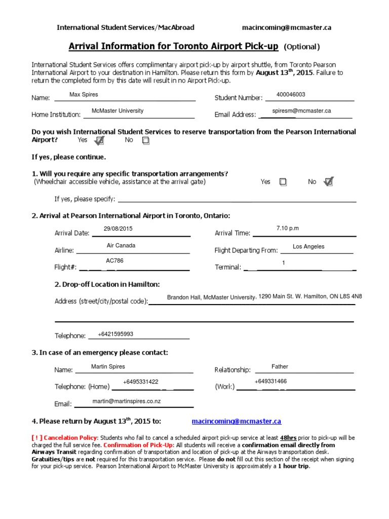 Airport Pick-Up Form (FALL) | PDF | Airport | Service Industries
