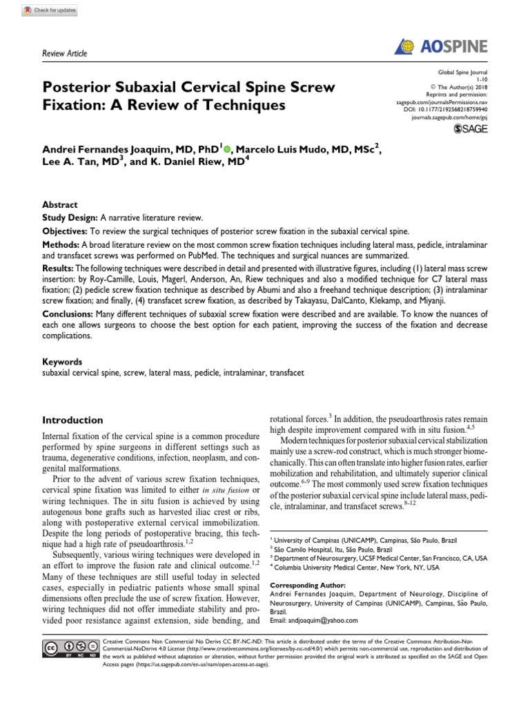Posterior Subaxial Cervical Spine Screw Fixation: A Review of ...