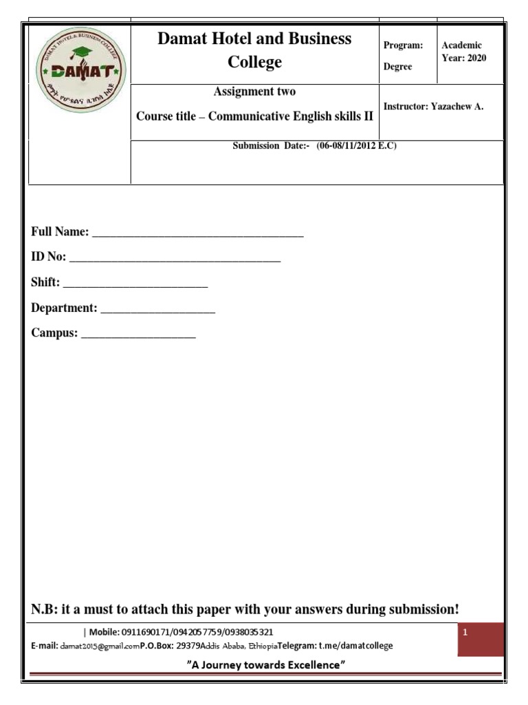 Damat Hotel and Business College: Assignment Two Course Title ...