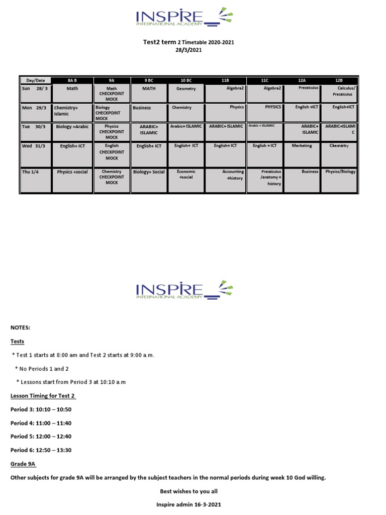 Test2 Timetable 2021F | PDF