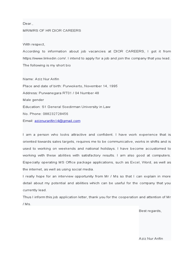 Dior Job Application Letter by Aziz Arifin | PDF