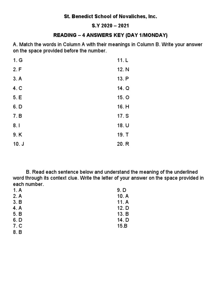 Reading 4-Day 1 Answer Key | PDF