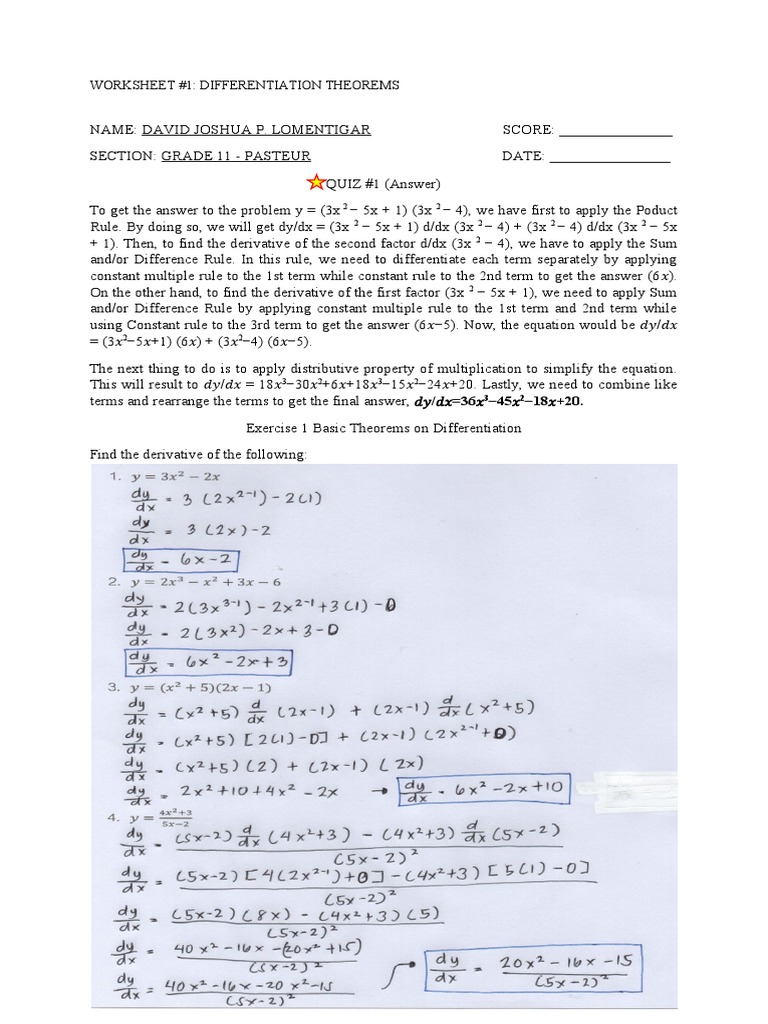 Worksheet #1: Differentiation Theorems | PDF | Computers