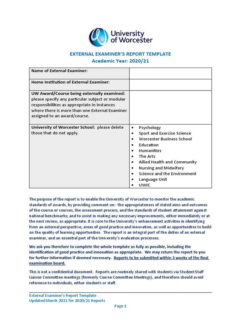 External Examiner Report Template | PDF | Educational Assessment | Test ... External Examiner Report Template | PDF | Educational Assessment | Test ...