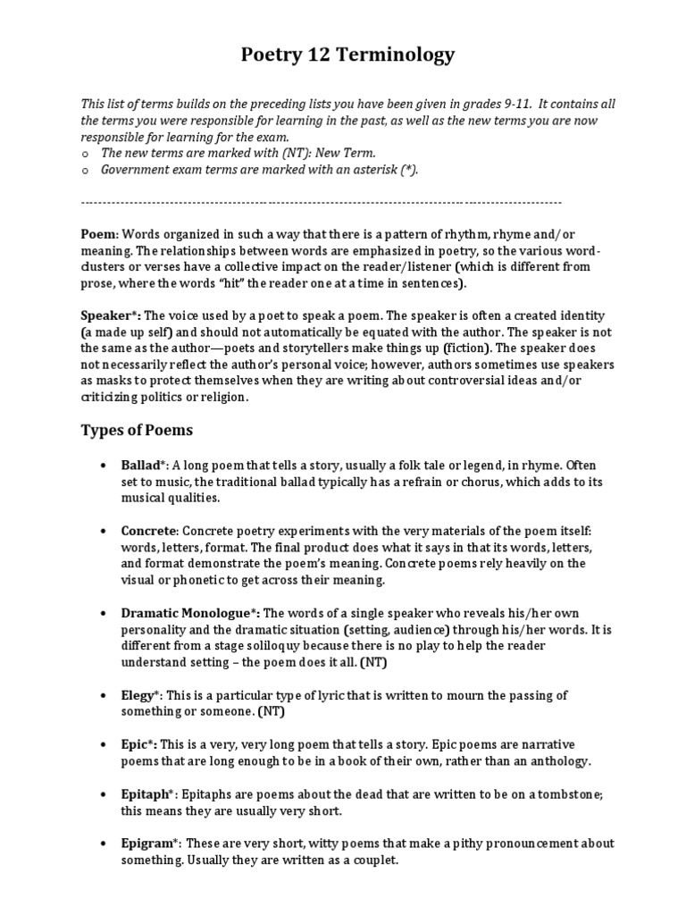 Poetry 12 Terminology: Types of Poems | PDF | Poetry | Rhyme