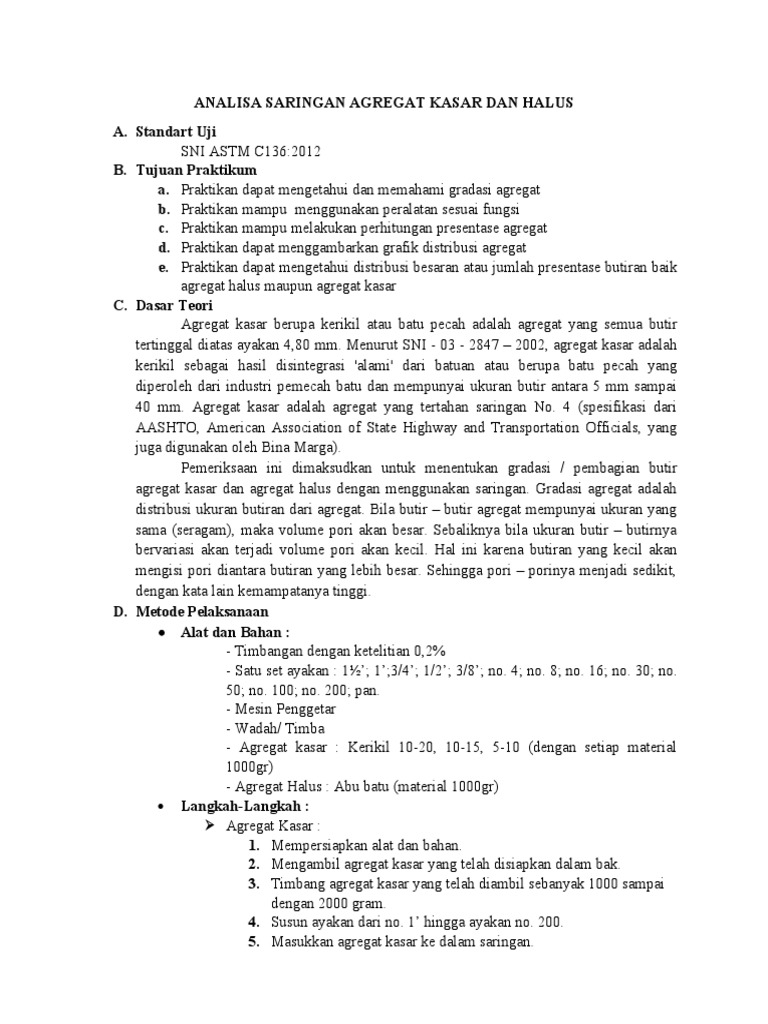 Analisa Saringan Agregat Kasar Dan Halus (On Going) | PDF