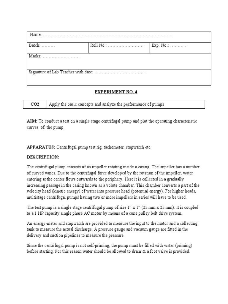 Centrifugal Pump - Expt No .4 | PDF | Pump | Fluid Dynamics
