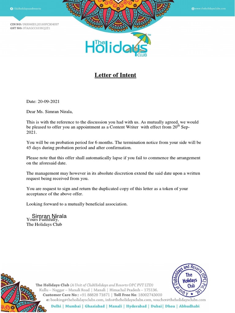 Letter of Intent - Simran | PDF