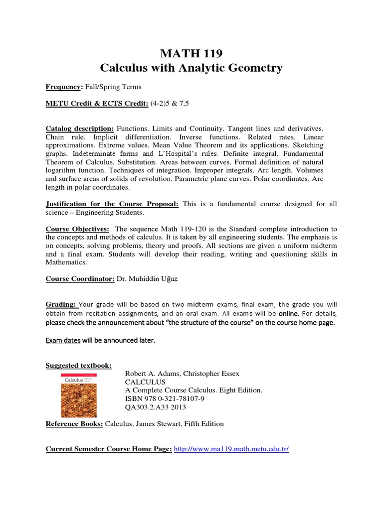 MATH119 Calculus With Analytic Geometry (2020-1) SYLLABUS | PDF ...