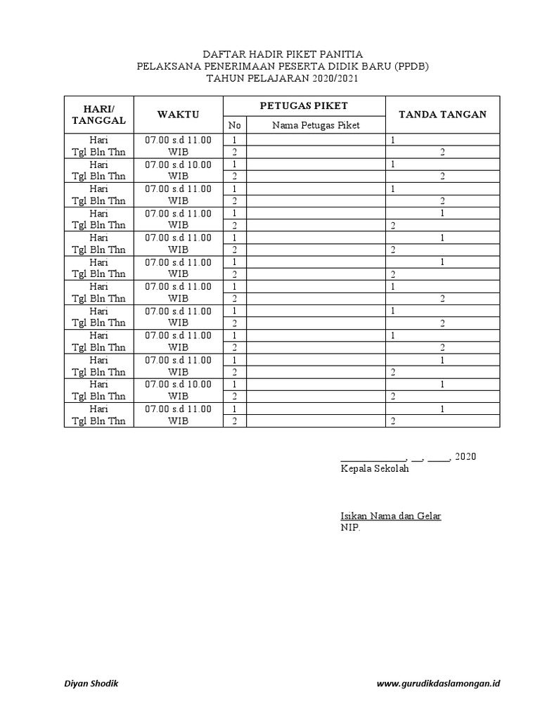 Daftar Hadir Piket PPDB - WWW - Gurudikdaslamongan.id | PDF