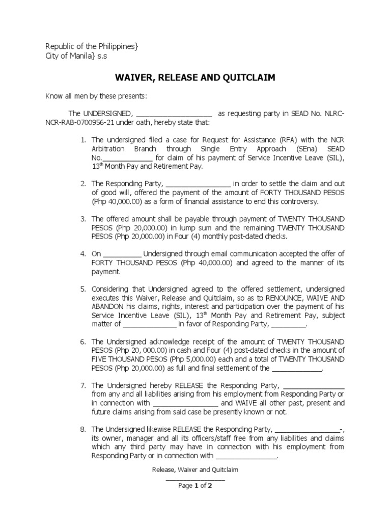Waiver and Quitclaim Agreement | PDF | Private Law | Civil Law (Common Law)