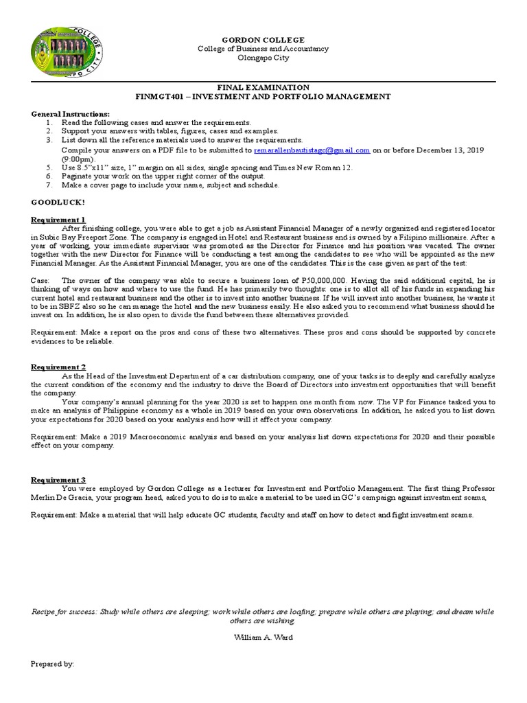 Final Examination INVESTMENT AND PORTFOLIO MANAGEMENT | PDF | Economies