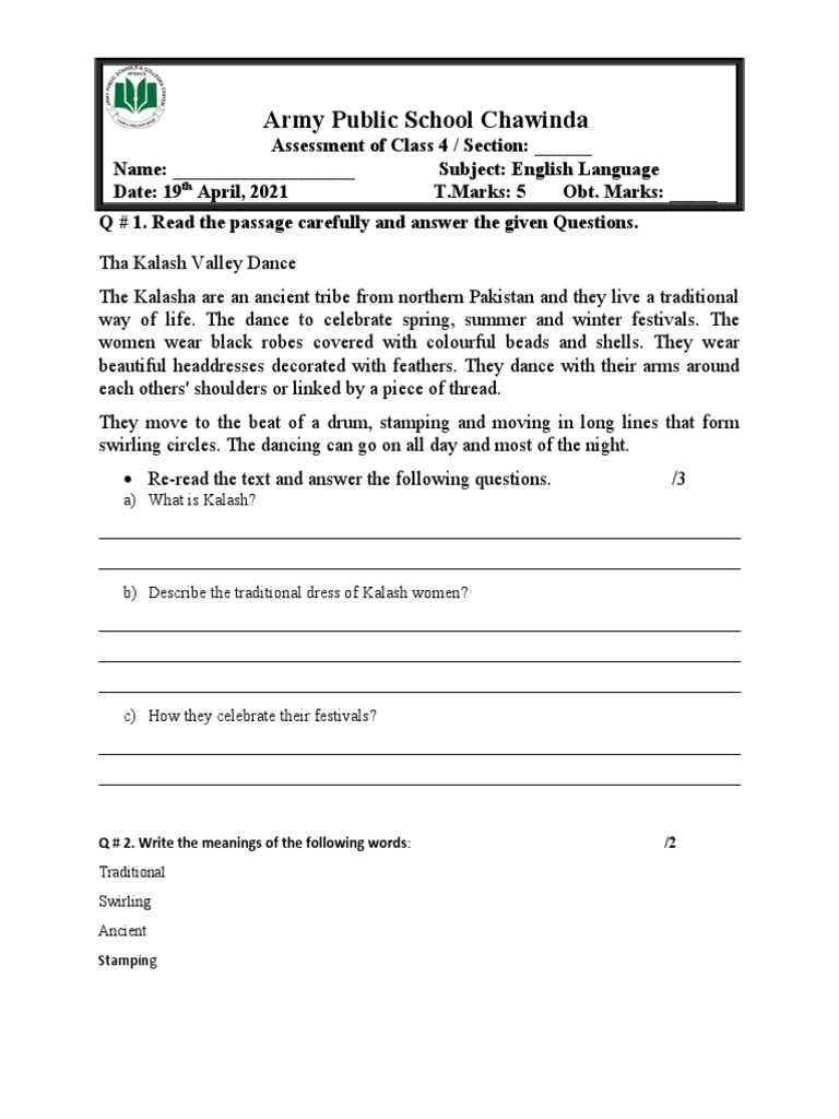 Class 4 Paper of English 2 | PDF | Language Arts & Discipline | Foreign ...
