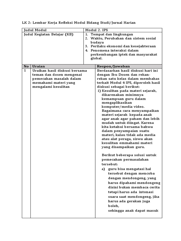 LK 2 - Lembar Kerja Refleksi Modul Bidang StudiJurnal Harian | PDF