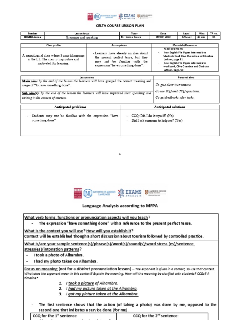 Celta Course Lesson Plan: Grammar and Speaking | Download Free PDF ...