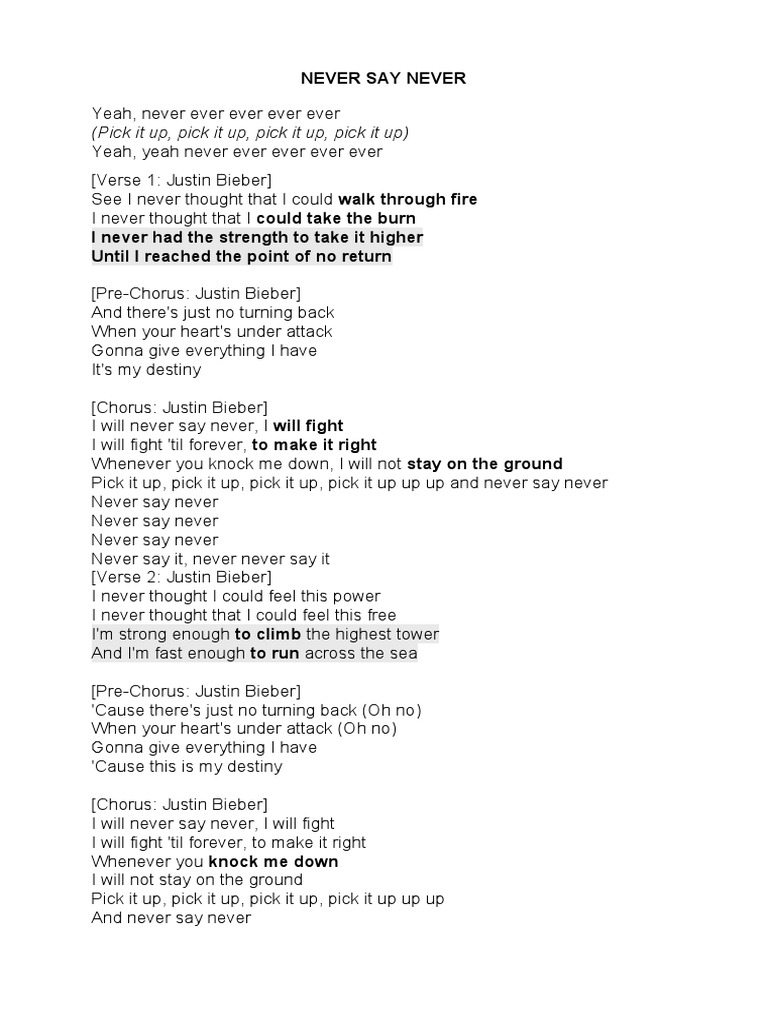 Justin Bieber's "Never Say Never" Lyrics | PDF | Song Structure | Oral ...