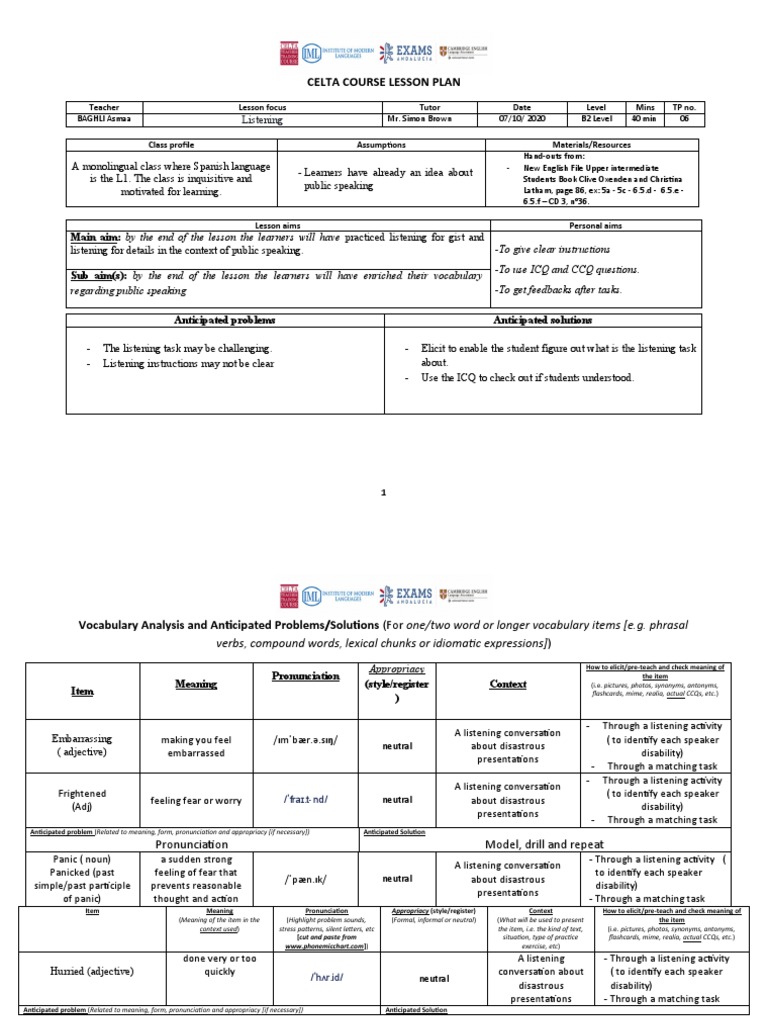 Celta Course Lesson Plan: Listening | PDF | Vocabulary | Lesson Plan