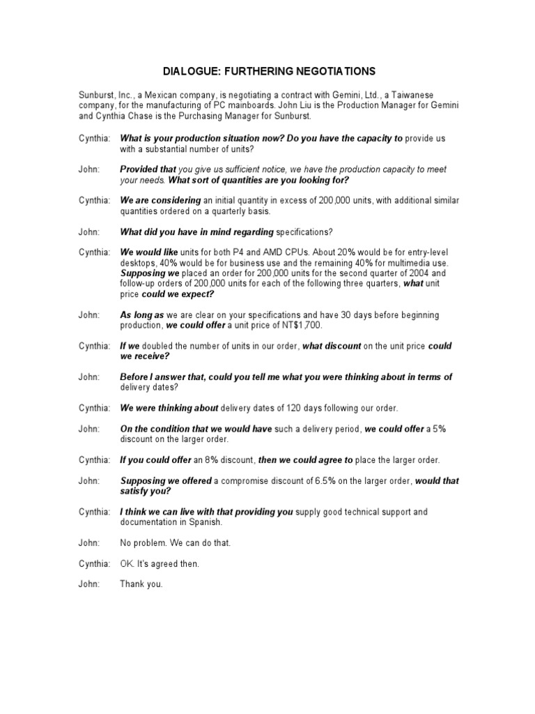 Dialogue: Furthering Negotiations: Your Needs. What Sort of Quantities ...