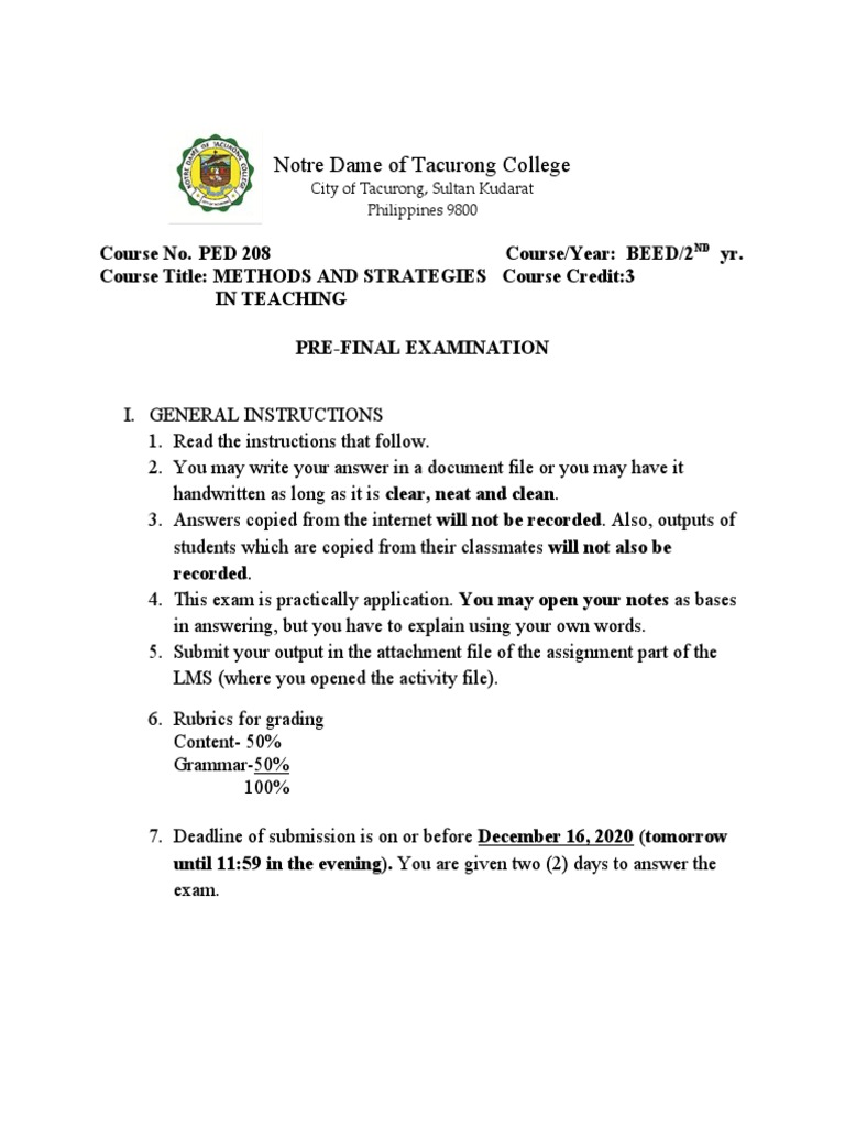 Ped Pre-Final Exam | PDF | Teachers | Test (Assessment)