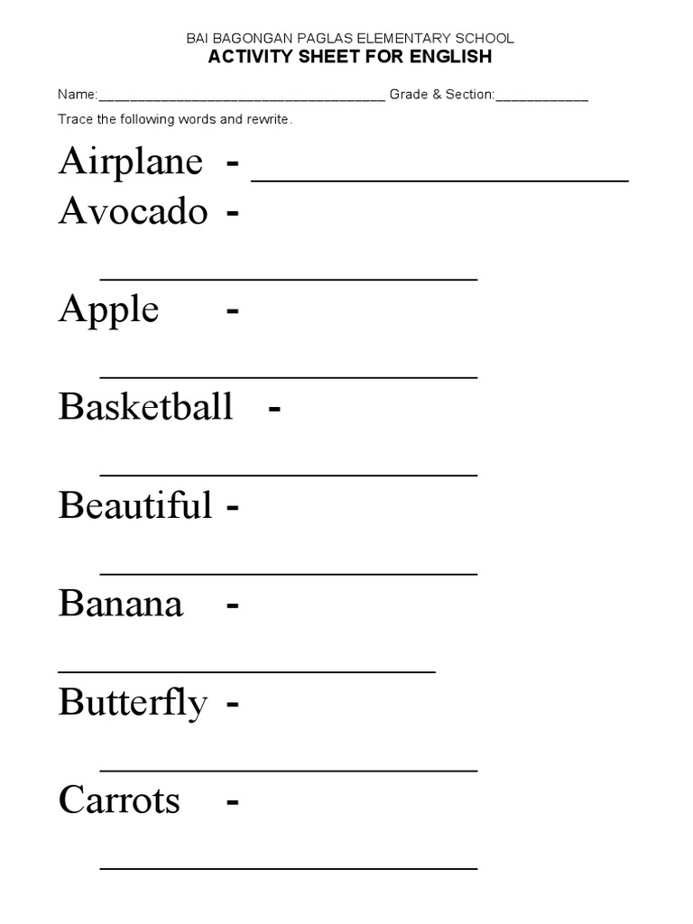 Activity Sheet For English: Bai Bagongan Paglas Elementary School | PDF