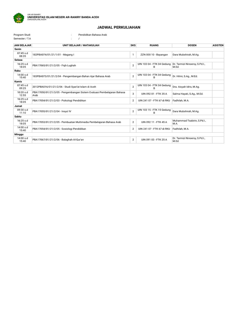 Roster Jadwal Perkuliahan | PDF