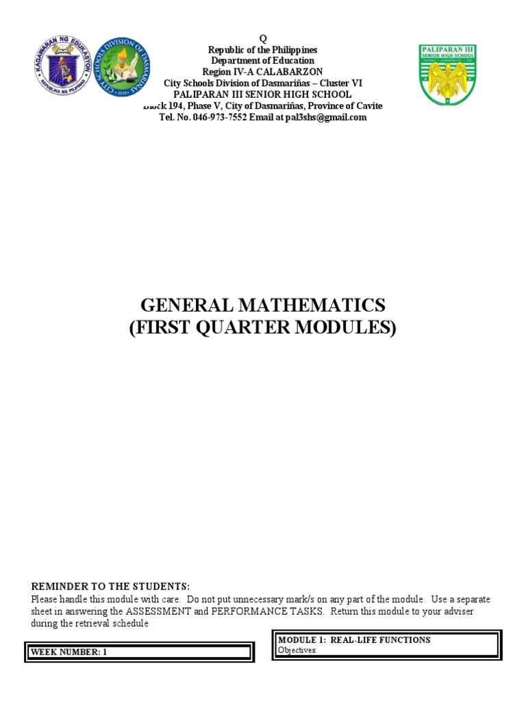General Mathematics (First Quarter Modules) : Week Number: 1 Module 1 ...