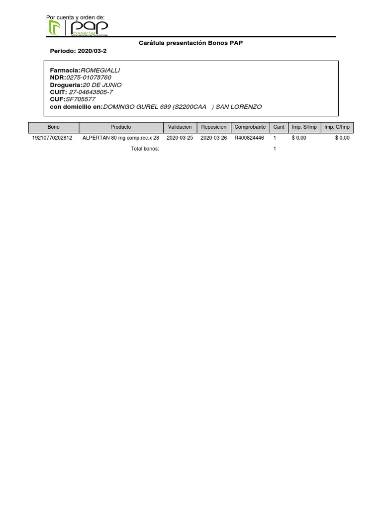 Carátula Presentación Bonos PAP Periodo: 2020/03-2: Por Cuenta y Orden de | PDF