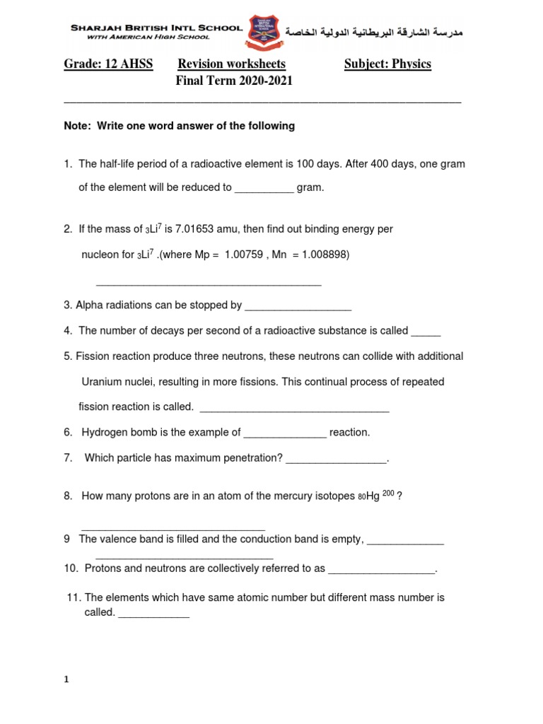 Physics Revision Worksheet for Grade 12 | PDF | Radioactive Decay | Neutron