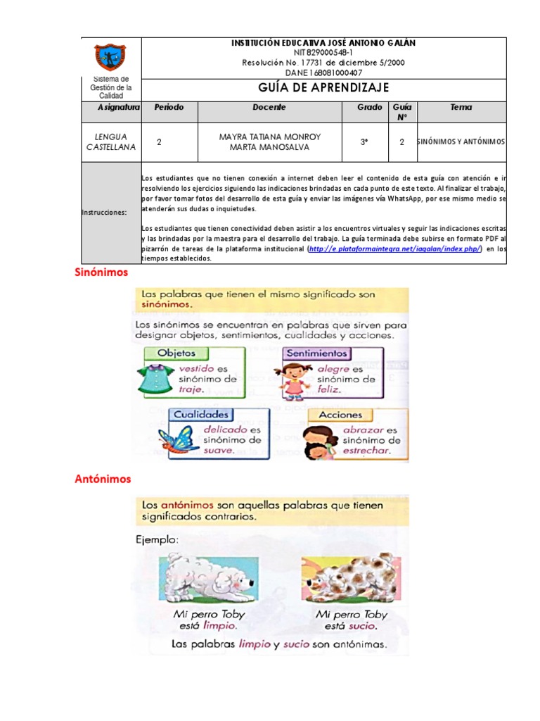Sinónimos y Antónimos en Lengua Castellana | PDF | Aprendizaje