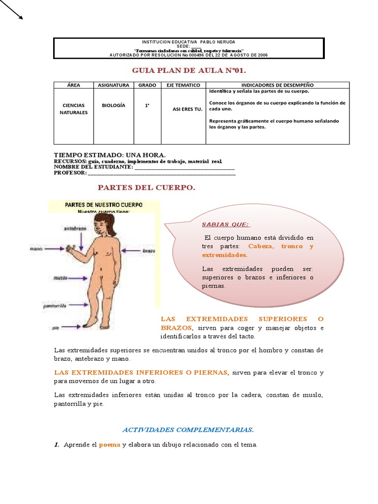 Guía de plan de aula sobre el cuerpo humano para estudiantes de primer ...