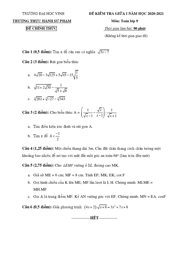 Đề 29 - Toán 9 - Gki - 2020-202i - Tpvinh - Huỳnh Thị Nhã Trân | PDF